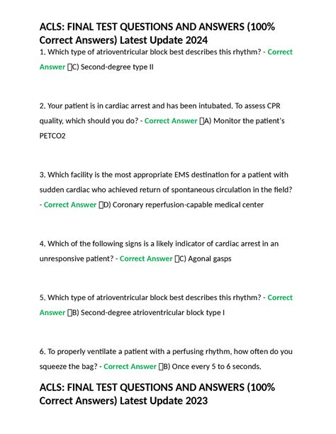 ACLS FINAL TEST QUESTIONS AND ANSWERS 100 Correct Answers Latest Update 2024 Exams Nursing