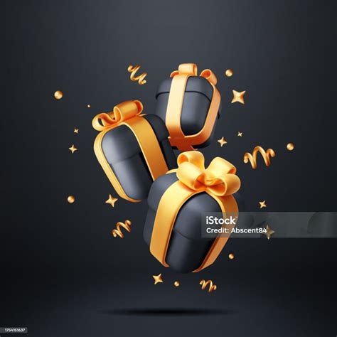금색 활과 색종이 조각이 있는 3d 검은색 선물 상자 3차원 형태에 대한 스톡 벡터 아트 및 기타 이미지 3차원 형태 검은색 검은색 상자 용기 Istock