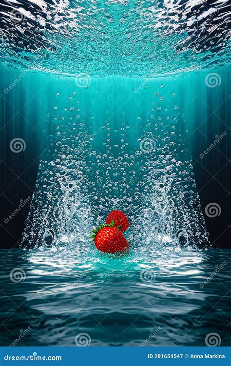 Splash Of Water Fruits Pieces Of Strawberries Falling Into The Water