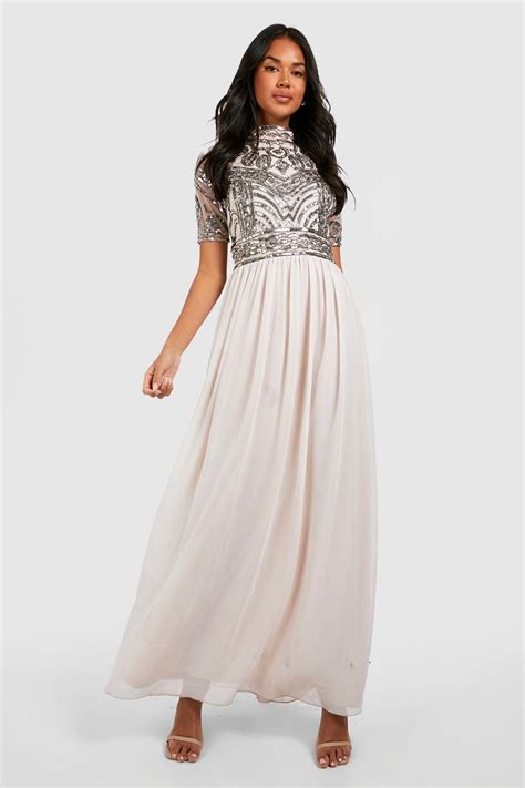 Bridesmaid High Neck Hand Embellished Maxi Dress Boohoo Usa