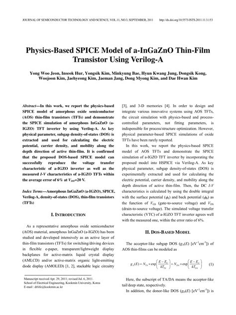 pdf physics based spice model of a ingazno thin film transistor using