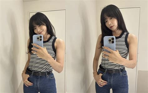 오윤아43세 줄무늬 민소매 티청바지 패션도 찰떡