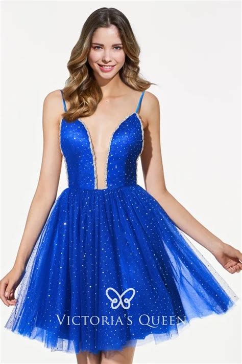 Sequins Beaded Ocean Blue Tulle Short Homecoming Dress Vq