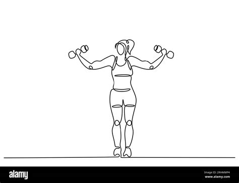 Woman Exercise With Dumbbell One Line Drawing Two Hands Training For