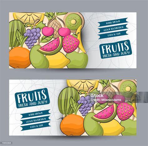 여름 건강 한 과일과 열매 세트 수평 배너 및 헤더의 대 한가 게 제공 할인 잡지 광고 웹 디자인 요소 귀여운 손 그려진 만화 스타일 벡터 일러스트 레이 션 건강한 식생활에