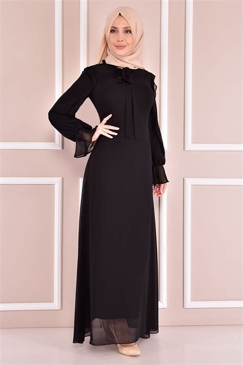 Moda Merve Siyah Şifon Abiye Elbise ElbiseBul