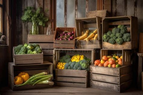 Rustic Wooden Crates Filled With Freshly Harvested Produce Stock