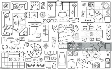 설계 인테리어 및 건축 프로젝트에 대해 설정된 평면도 아이콘입니다 레이아웃에 대한 상단보기의 가구 얇은 선 아이콘 블루 프린트 아파트입니다 벡터 설계도에 대한 스톡 벡터