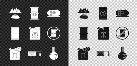 유전 배럴 오일 산업 공장 건물 에코 연료 캐니스터 가스 충전소 가솔린 시험관 및 모터 기계 용 캐니스터 아이콘을 설정합니다 벡터 0명에 대한 스톡 벡터 아트 및 기타