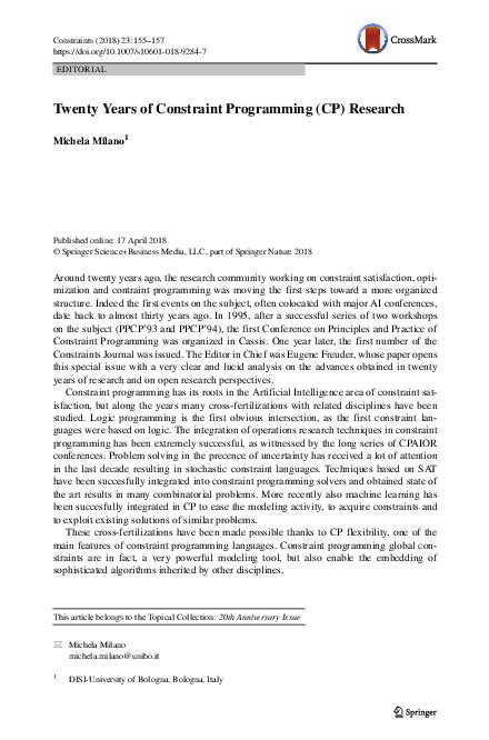 Pdf Twenty Years Of Constraint Programming Cp Research