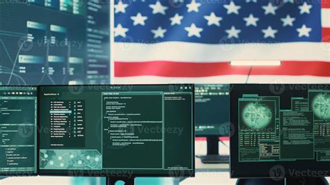 High Tech Cybersecurity Room With American Flag Shown On Big Screen Governmental Cyber