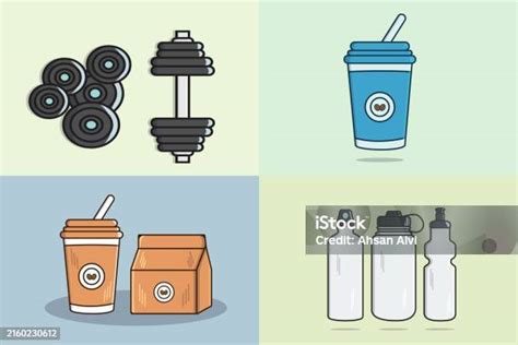 체육관 휘트니스 요소 벡터 일러스트 레이 션의 세트입니다 체육관 운동 아이콘 개념입니다 운동 아령 병 일회용 컵 벡터 디자인 개체 그룹에 대한 스톡 벡터 아트 및 기타