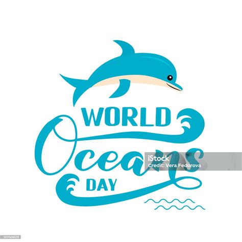 흰색에 고립 된 귀여운 만화 돌고래와 세계 바다의 날 서예 손 문자 환경 보존 개념입니다 타이포그래피 포스터 배너 전단지 스티커 로고 등을위한 벡터 템플릿 6월에 대한 스톡