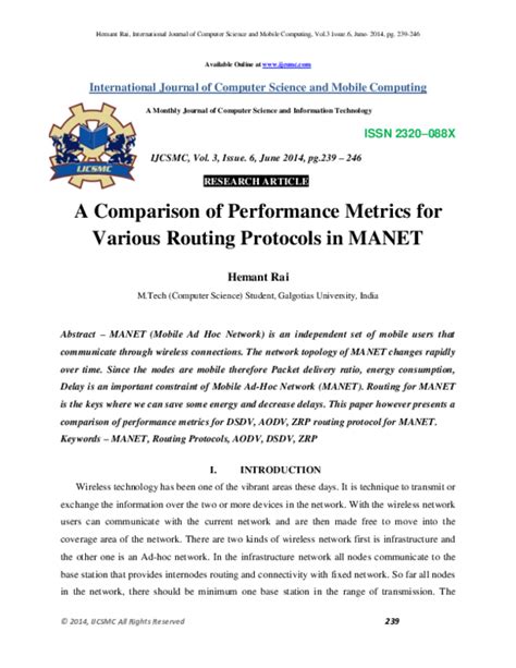Pdf A Comparison Of Performance Metrics For Various Routing Protocols In Manet﻿