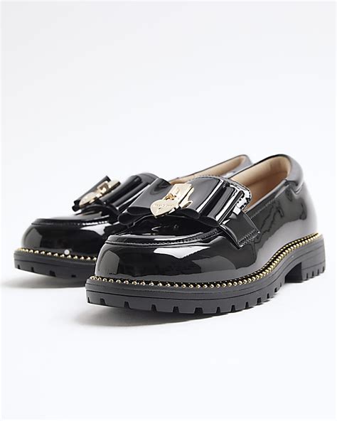 Girls Black Patent Bow Loafers River Island