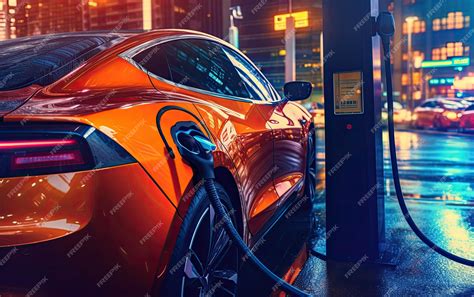 자동차는 전기차 충전소에 케이블로 연결되어 있으며 현대 전기차는 생성 Ai 기술로 생성된 녹색 에너지의 개념입니다 프리미엄 사진
