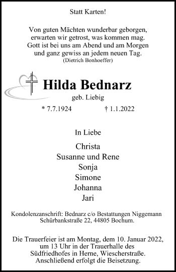 Traueranzeigen Von Hilda Bednarz Trauer In Nrw De