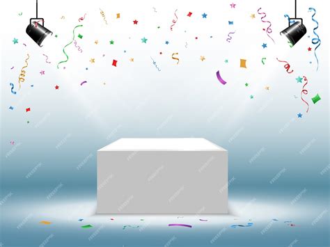 스포트라이트와 색종이가있는 현실적인 플랫폼 프리미엄 벡터