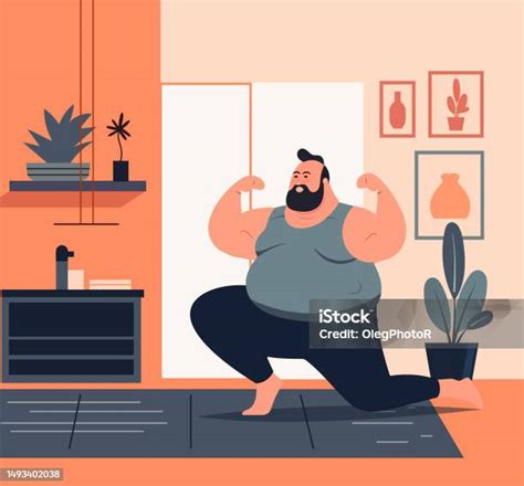 명상 포즈를 취한 요가의 밝은 벡터 삽화 실내에서 남자를 연습한다 과체중에 대한 스톡 벡터 아트 및 기타 이미지 과체중 벡터 남자 Istock