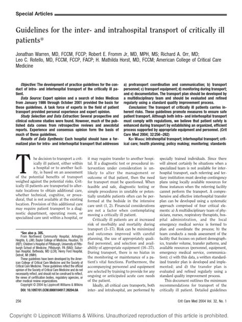 Guidelines For The Inter And Intrahospital Transport Of Critically
