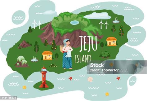 국가 의상의 여성 캐릭터 한국의 제주도에 오신 것을 환영합니다 지역 제주 여성 전통에 대한 스톡 벡터 아트 및 기타 이미지