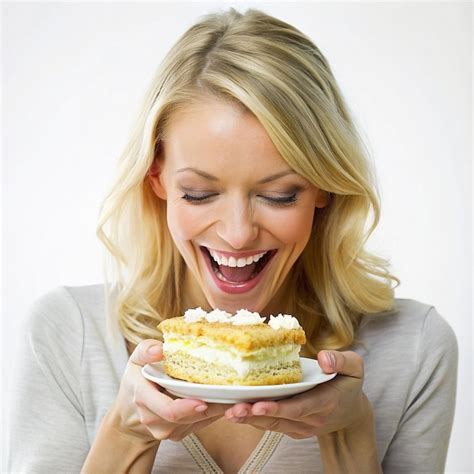 A Girl Having Coconut Custard Cream Cake Premium Ai Generated Image