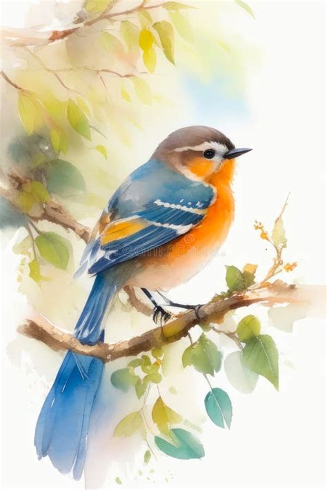 Robin Bird On The Tree Branch Watercolor Illustration Stock Image