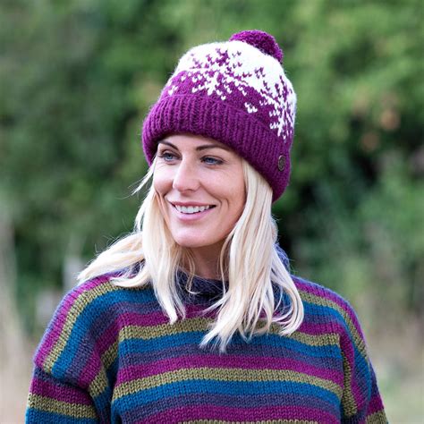 Hand Knit Snowflake Reflection Bobble Hat Deep Berry Black Yak