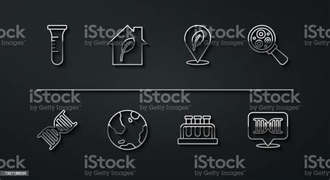 세트 라인 테스트 튜브 및 플라스크 Dna 기호 돋보기 아래 미생물 지구 지구 환경 친화적 인 집 잎 아이콘 위치 벡터 Dna에 대한 스톡 벡터 아트 및 기타 이미지