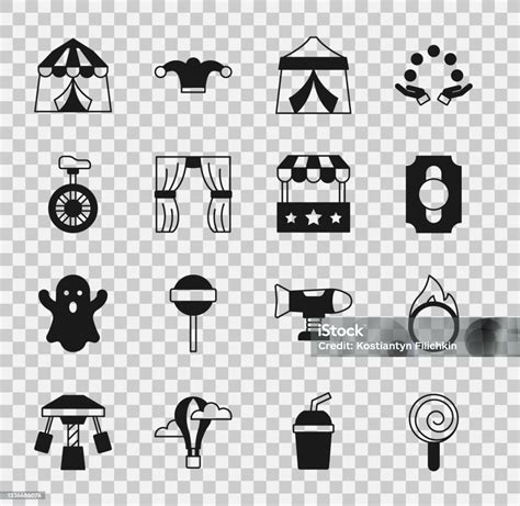 세트 롤리팝 서커스 화재 후프 티켓 텐트 커튼 제기 외발 자전거 또는 하나의 바퀴 자전거 티켓 박스 오피스 아이콘 벡터 1에 대한 스톡 벡터 아트 및 기타 이미지 Istock