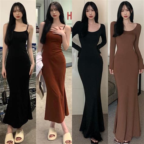 Đầm Body Nữ Dáng Dài Đuôi Cá Len Tăm Váy ôm body sexy Hai Dây 3 Màu