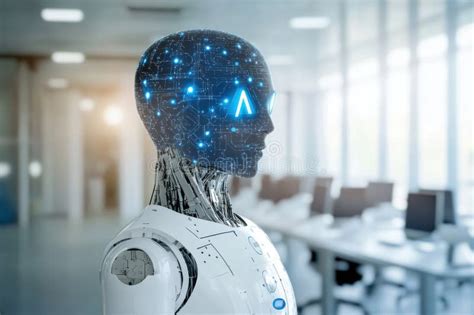 Humanoid Robot With Artificial Intelligence Working In Modern Office Stock Illustration