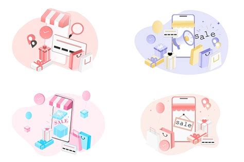 벡터 마케팅 및 디지털 마케팅의 웹 사이트 또는 모바일 응용 프로그램 개념에 3d 현실적인 온라인 쇼핑세트 디지털 스토어