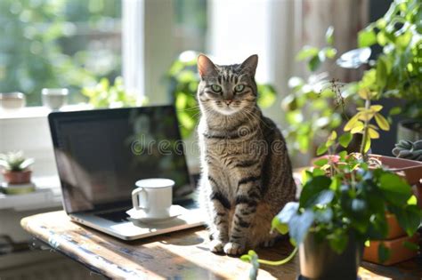 Cute Cat On Desktop With Notebook Coffee Cup And Plant In Stylish Room