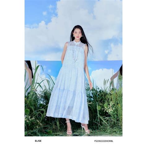 Đầm Tơ Hoa Xanh Nhún Ly Xếp Tầng Thiết Kế Elise Fs2302222dxorbl