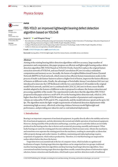 Fbs Yolo An Improved Lightweight Bearing Defect Detection Algorithm Based On Yolov8