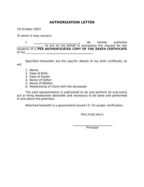 Authorization Letter Psa Authorization Letter 19 October 2023 To
