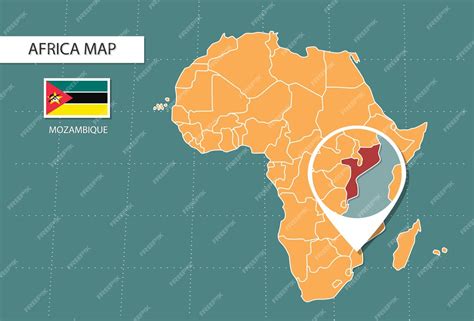 모잠비크 위치 및 플래그를 보여주는 아프리카 줌 버전 아이콘의 모잠비크 지도 프리미엄 벡터