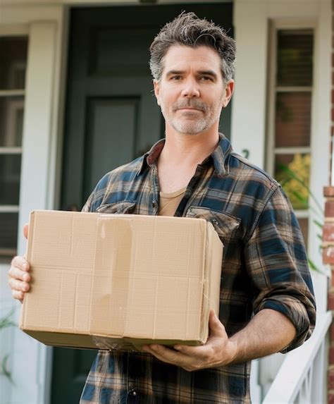 Slightly Overweight Frat Guy Transporting Box Into Suburban House