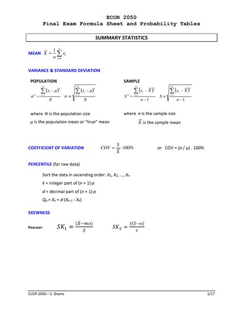 Formula Sheet And Tables Final ECOR Final Exam Formula Sheet And Probability Tables