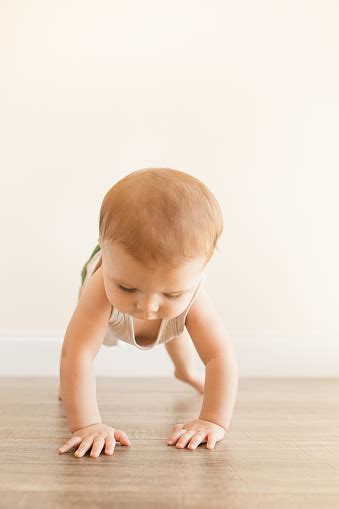 2022 년 집에있는 나무 바닥에서 아래쪽으로 개 자세로 손과 발에 네 마리를 기어 다니면서 올리브 그린 색상의 재사용 가능 및 지속 가능한 천 기저귀를 착용 한 다각적 인