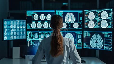 Professional Woman Physician Analyzes Detailed Body Scans On Several Screens In High Tech Lab