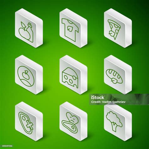 세트 라인 브로콜리 스테이크 고기 병에 담긴 사과 사이다 식초 치즈 비건 셔츠 아니요 및 빵 덩어리 아이콘 벡터 3차원 형태에 대한 스톡 벡터 아트 및 기타 이미지 Istock