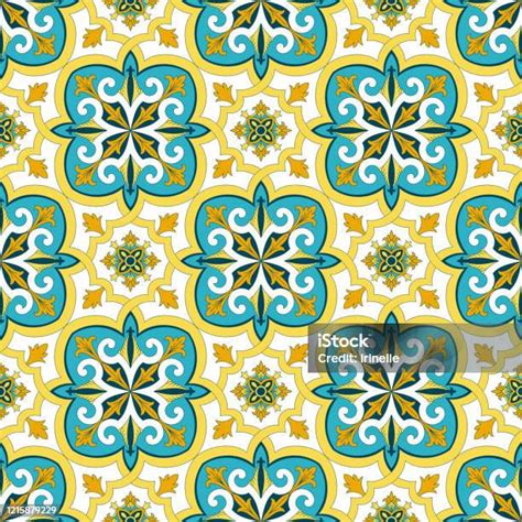 꽃 장식품과 원활한 스페인어 타일 패턴 벡터 포르투갈어 Azulejos 멕시코 탈라베라 이탈리아 시칠리아 마졸리카 디자인 세라믹 텍스처 0명에 대한 스톡 벡터 아트 및 기타