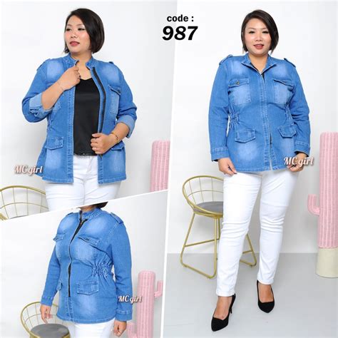 MC Girl Jaket Jeans Resleting Pinggang Karet Wanita Jas Sleting Jumbo Wanita Jaket Lepis