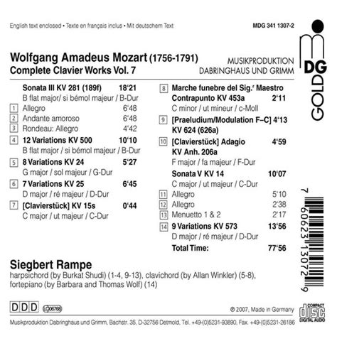 Mozart Complete Clavier Works Vol 7 Siegbert Rampe Cd Album