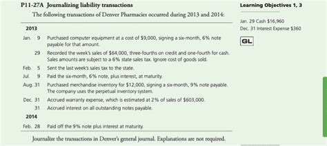 Solved P11 27a Journalizing Liability Transactions Learning