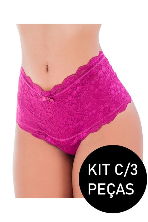 Kit C 3 Calcinhas Cinta Renda Modeladora Cintura Alta BBM Lingerie