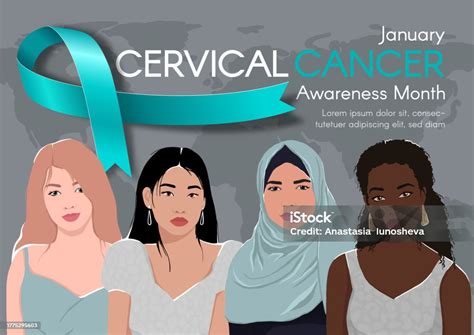 자궁경부암 인식의 달을 위한 가로 배너 다양한 여성 텍스트 청록색 리본 현대 평면 벡터 일러스트 레이 션 1월에 대한 스톡 벡터 아트 및 기타 이미지 Istock