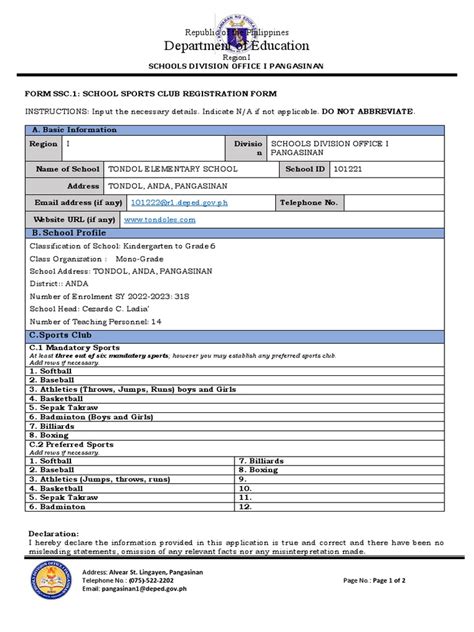 Form Ssc 1 School Sports Club Registration Form Pdf